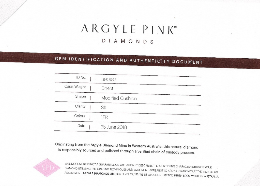 Růžový diamant 0.14ct 1PR (Fancy Deep Pink)/SI1 s ARGYLE certifikátem ...